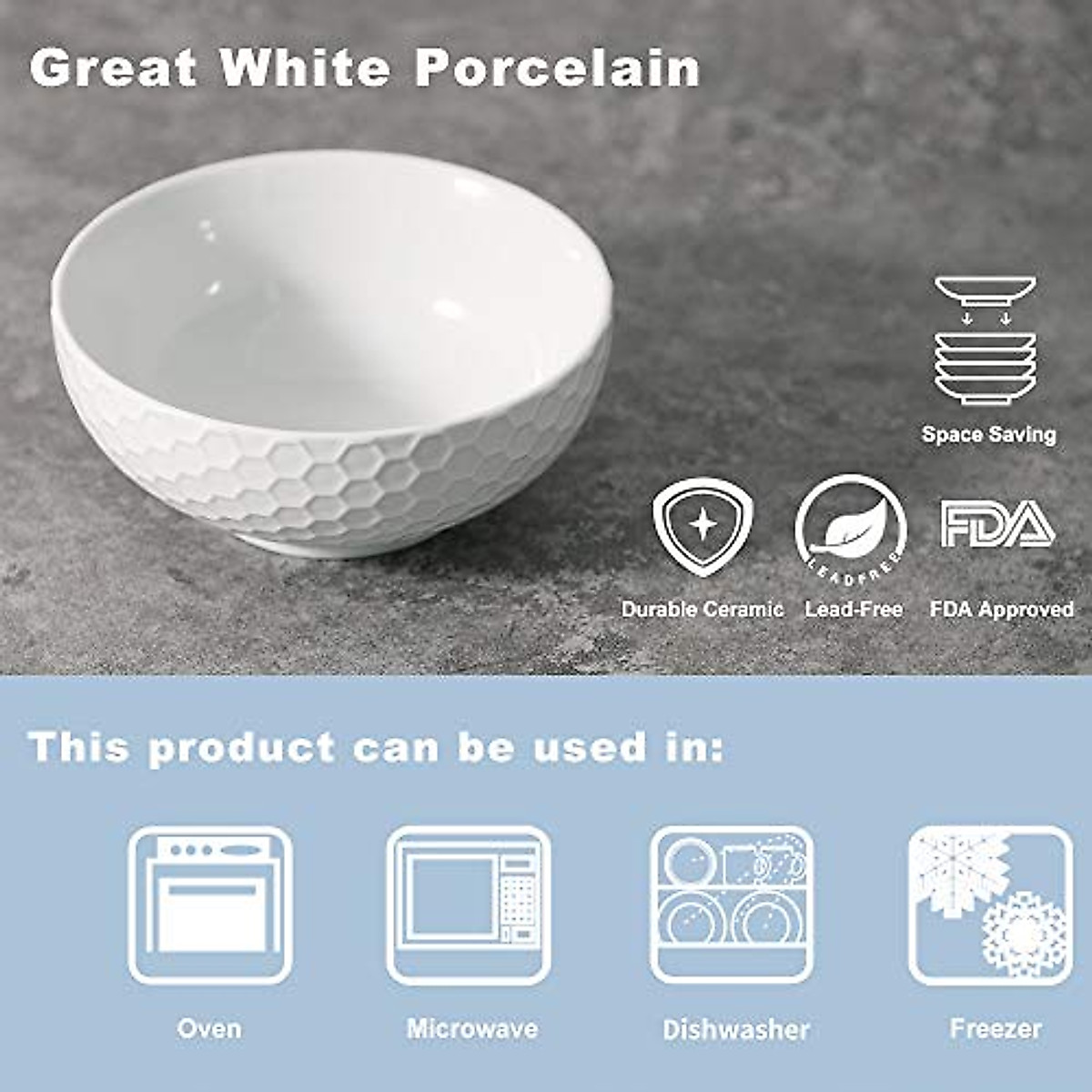 Buyajuju Cereal Soup Bowls, 20 Ounce White Bowls Set, Porcelain Bowls for Oatmeal, Rice, Salad, Pasta and Noodle, Set of 4 (6inch)