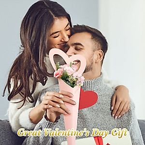 Teling 18 Pcs Single Flower Sleeve Love Heart Floral Bouquet Bags Paper Flower Wrapping Box Waterproof Packaging Bag with Ribbons for Flower Florist Gift, Pink, Rose Gold, White, 7.1 x 18 Inch