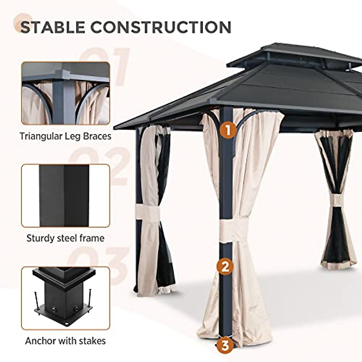 EAGLE PEAK 10x12 Outdoor Steel Frame Hardtop Gazebo Pavilion with Double Roof for Garden, Patio, Lawn and Party, Mosquito Mesh Netting and Light Beige Privacy Curtains Included, Black