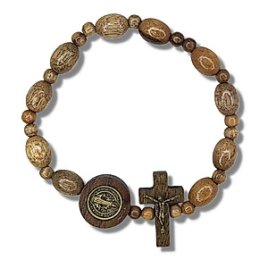 Catholic Saint Benedict Bracelet with Wooden Beads, San Benito Medal, and Crucifix, Religious Jewelry Blessing Bracelets Gift for Men and Women, One Size