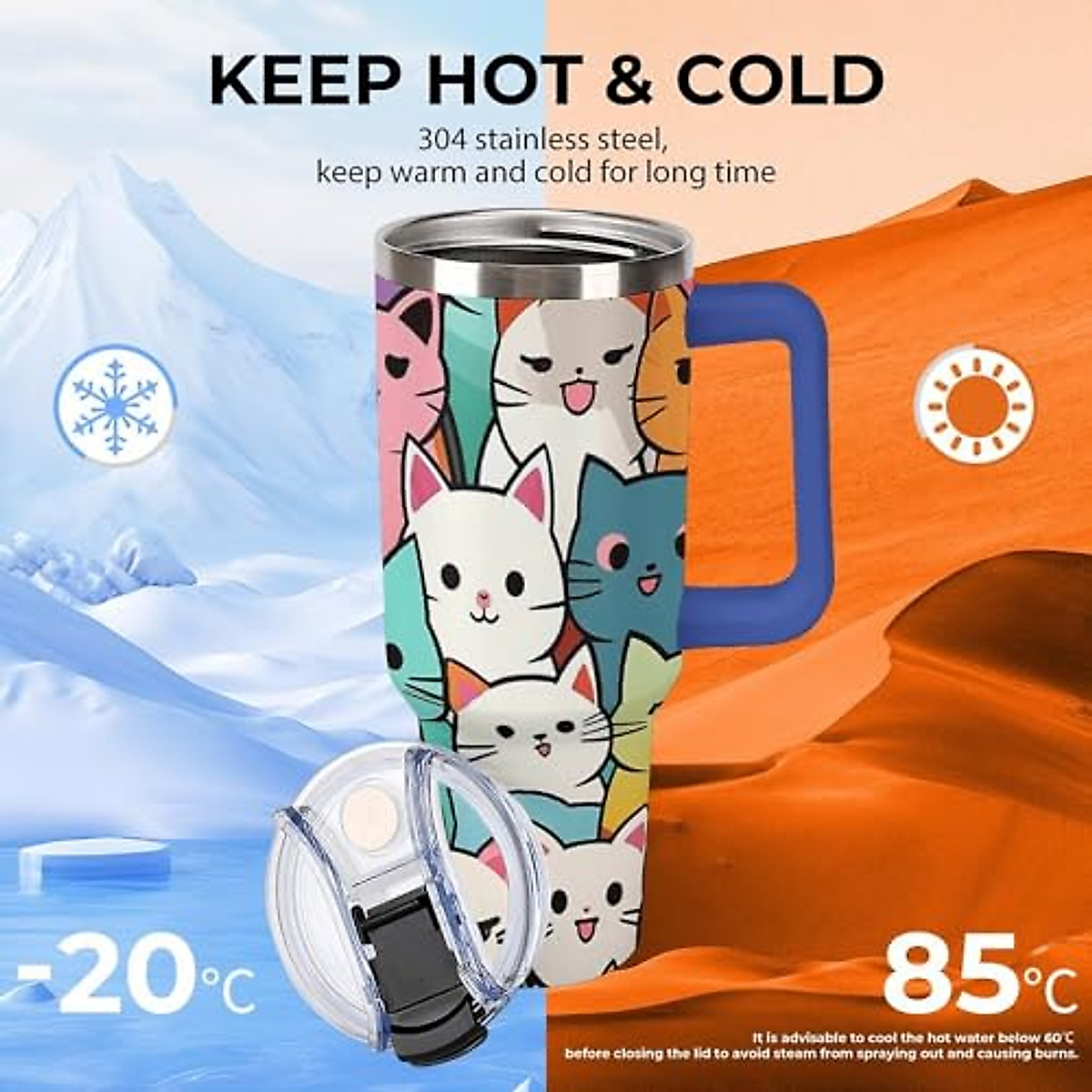 Cats Pattern 40 Oz Stainless Steel Cup Travel Tumbler with Handle and Straw Lightweight Coffee Mug for Home Office