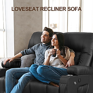 FURNIMAT Loveseat Recliner Sofa, 2 Seater Reclining Loveseat Sofa, PU Leather Recliner Loveseat Couch, Modern Recliner Chair for Living Room, with Cup Holder and 2 Cell Phone Holder, USB Ports, Black