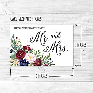 24 Floral Navy Burgundy Wedding Thank You Cards With Envelopes, Elegant Bridal Shower Thank You Note From The New Mr. & Mrs. Newlywed Wine Flower Gratitude Supplies, 4x6 Personalized Bulk Stationery