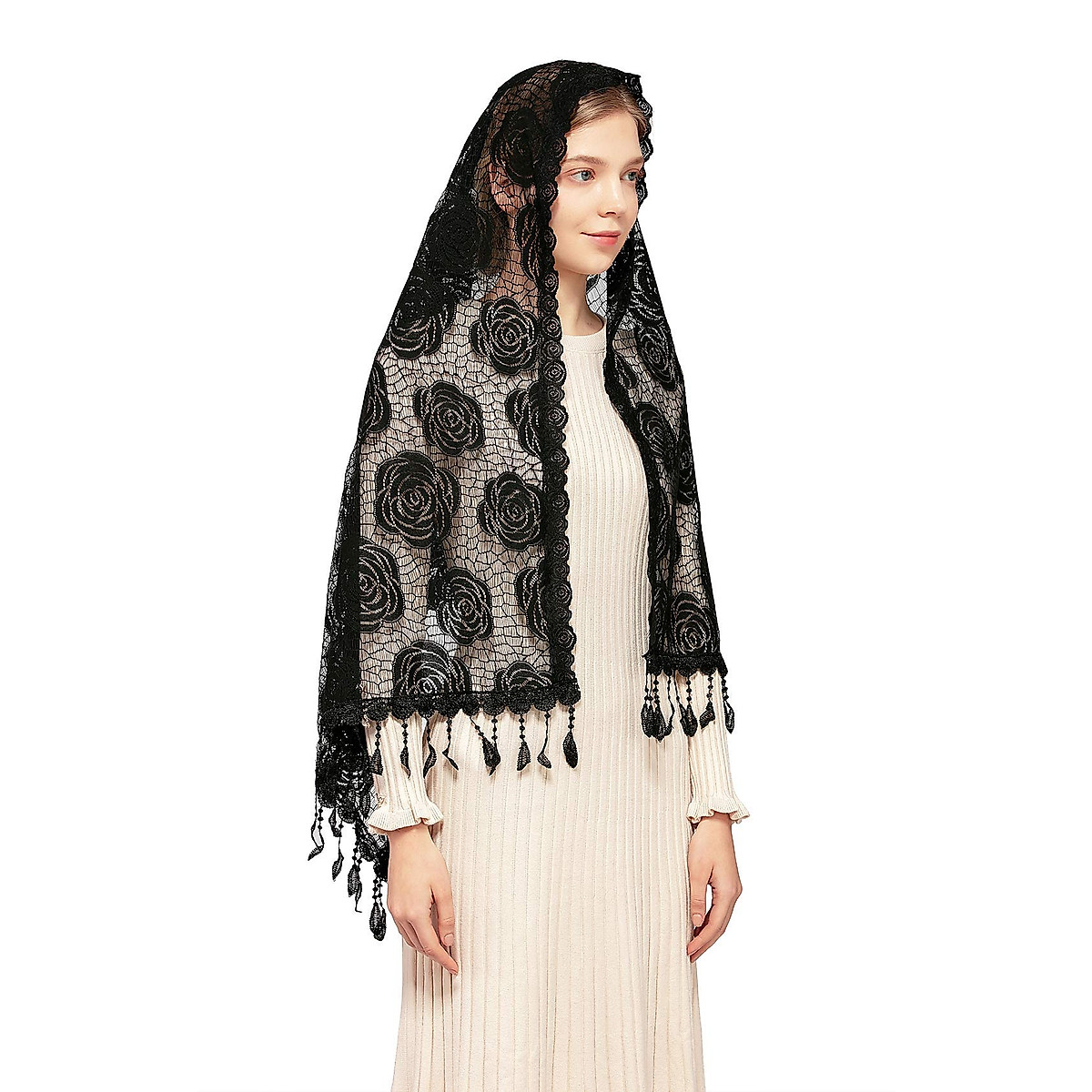 Wgior Rose Rectangular Chapel Veil Scarf Catholic Church Veils Mantilla Wrap Shawl Mass Head Covering (Black)