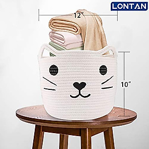 12''X10'' Woven Basket White Toy Storage Basket Cat Design | LONTAN Cotton Rope Basket Collapsible Baby Hamper Cute Bathroom Storage Basket for Clothes, Towels
