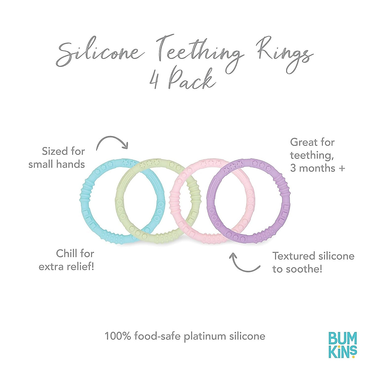 Bumkins Baby Teething Freezer Toy Keys Rings, Soft Flexible Pacifier to Chew, Cool Teether Gum Relief, Babies 3 Months, Freezable, Platinum Cured Silicone, Sensory Bracelet, 4-pk Pastels