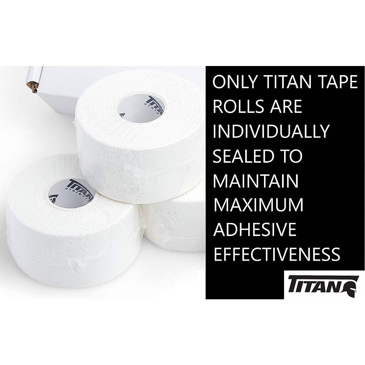 Titan Athletics - 12 Pack of Premium Quality White Athletic Tape/Sports Tape - 1.5 Inch x 45 Feet Per Roll - 100 Percent Cotton with Zinc Oxide - Easy Tear Zig Zag Design and No Sticky Residue