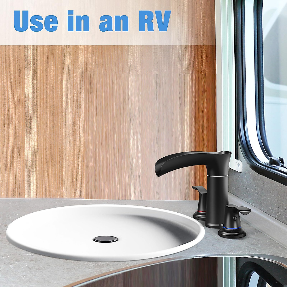 Waterfall Bathroom Faucet, WaterSong 3-Hole 8 Inch Bathroom Sink Faucet for 360-Degree rRotation, 2-Handle Vanity Faucets with Supply Lines, Widespread Spout Faucet for RV Bathroom Sink, Matte Black