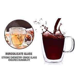 2 Pack -12 oz Clear Double Wall Glass Coffee Mug with Lid | Insulated Heat Proof Glass Tea Cup Mug with Handle | Perfect for Cappuccino Tea Latte Hot Beverage Wine Microwave Safe
