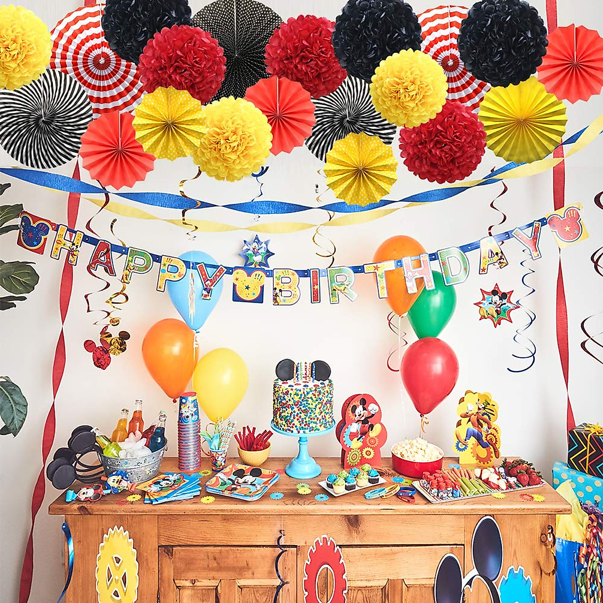 Red Yellow Black Hanging Paper Party Decorations, Round Paper Fans Set Paper Pom Poms Flowers for Mickey Mouse Theme Firetruck Birthday Wedding Graduation Baby Shower