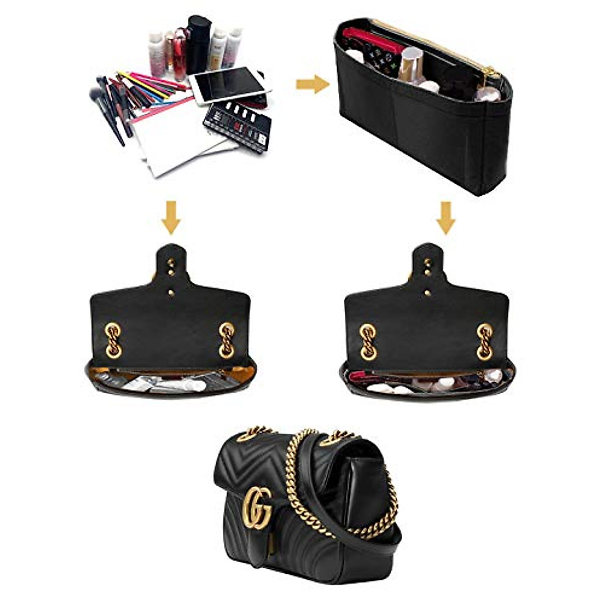 Small Handbag Shaper Insert for GG Marmont Matelasse Shoulder Bag(Pack of 2)Felt Insert Purse Organizer with Zipper- Buy 1 Get 1 Bag Free Small 8030 Black