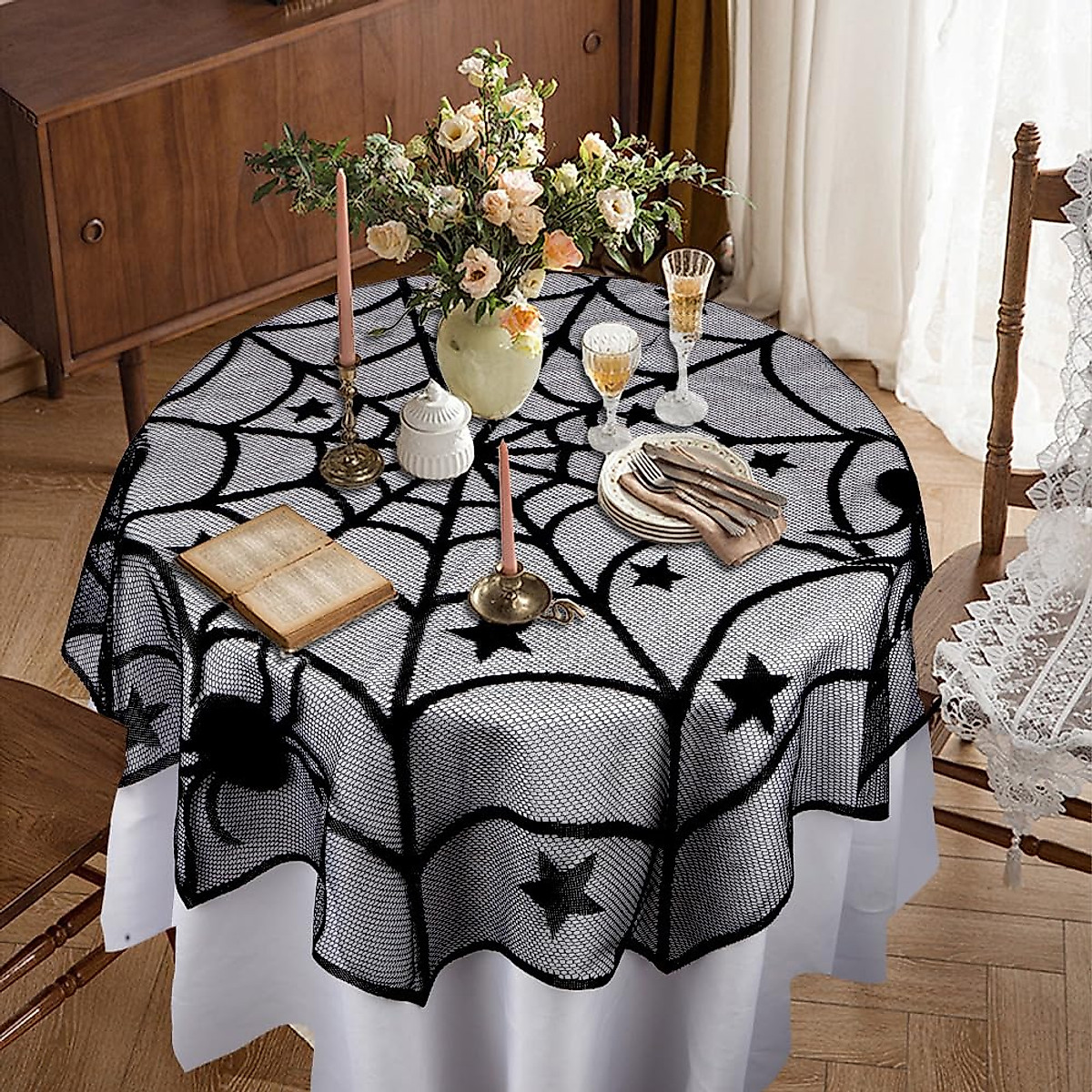 Halloween Tablecloth Round Black Lace Spiderweb Tablecloth 40 Inch Halloween Lace Table Topper Table Runner Halloween Table Cloth Spider Cobweb Table Cover Halloween Table Decorations Fireplace Cover