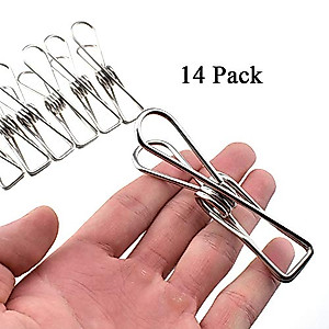 HAHIYO Clothespins Chip Clips All Metal Stainless Steel No Rust Stains Strong Grip in Heavy Wind 3.4 Inches 14 Pack Extra Large Do Not Fall Apart Open Wide for Holding Clothes Snack Bag Clamps