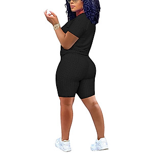 Angsuttc Summer Outfits for Women, Textured Track Suits Short Sleeve Tops Biker Shorts Two Piece Workout Set Black L