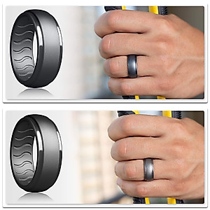 Dookeh Breathable Mens Silicone Wedding Rings, Rubber Ring Bands For Men, Black Blue Camo Engagement Band, Best for Workout, 1-4-7 Pack (W3-Titanium,Dark Gray,Cast Iron,Black, 10)