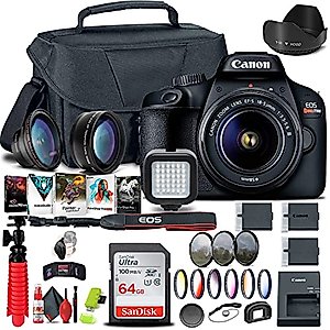 Canon EOS Rebel T100 / 4000D DSLR Camera with 18-55mm Lens + 64GB Card + Color Filter Kit + Case + Filter Kit + Photo Software + 2X LPE10 Battery + Light + Wide Angle Lens + More (Renewed)
