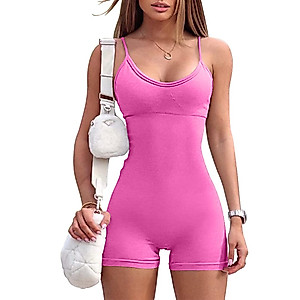 OQQ Women's Yoga Gym Seamless One Piece Spaghetti Strap Jumpsuit Workout Padded Sports Bra Romper rose