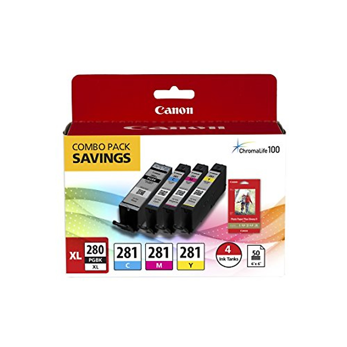Canon PGI-280XL PGBK/CLI-281CMY, 50 Sheets PP-301 Combo Pack & 281 Black Ink Tank, Compatible to TR8520, TR7520, TS9120 Series