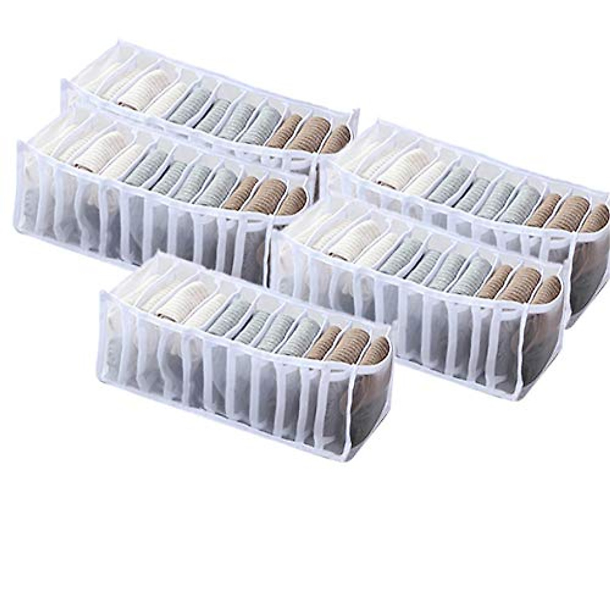 Foldable Underwear Storage Box With 6/7/11 Compartments Nylon Divider Box Socks Bra Underpants Wardrobe Drawer Closet Organizers (white(5PCS), 11 cells)