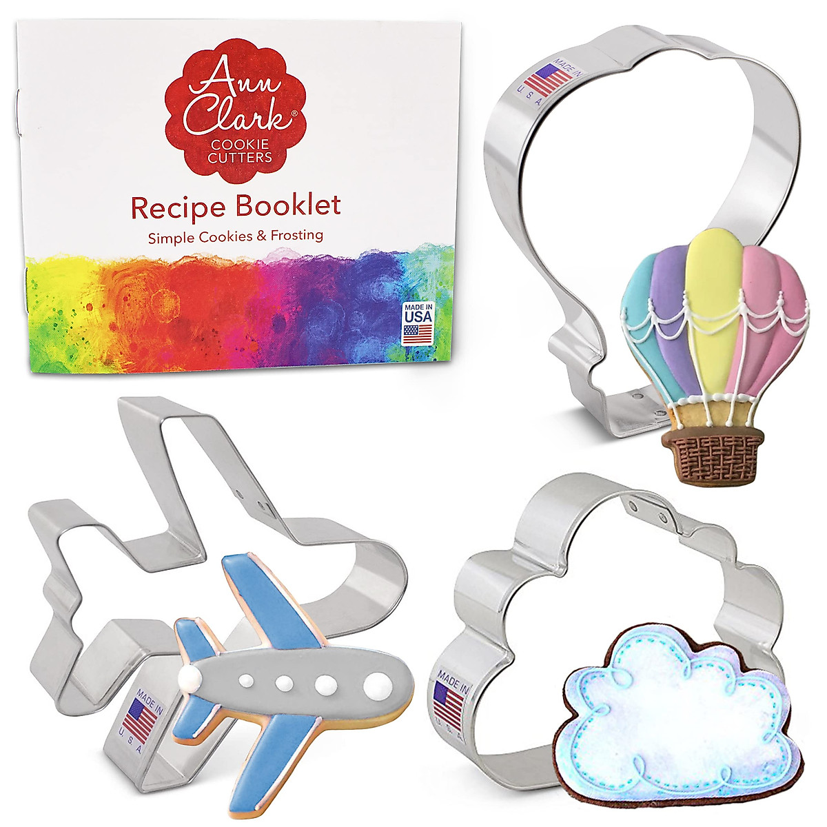 Air Travel Cookie Cutters 3-Pc. Set Made in USA by Ann Clark, Airplane, Cloud, Hot Air Balloon