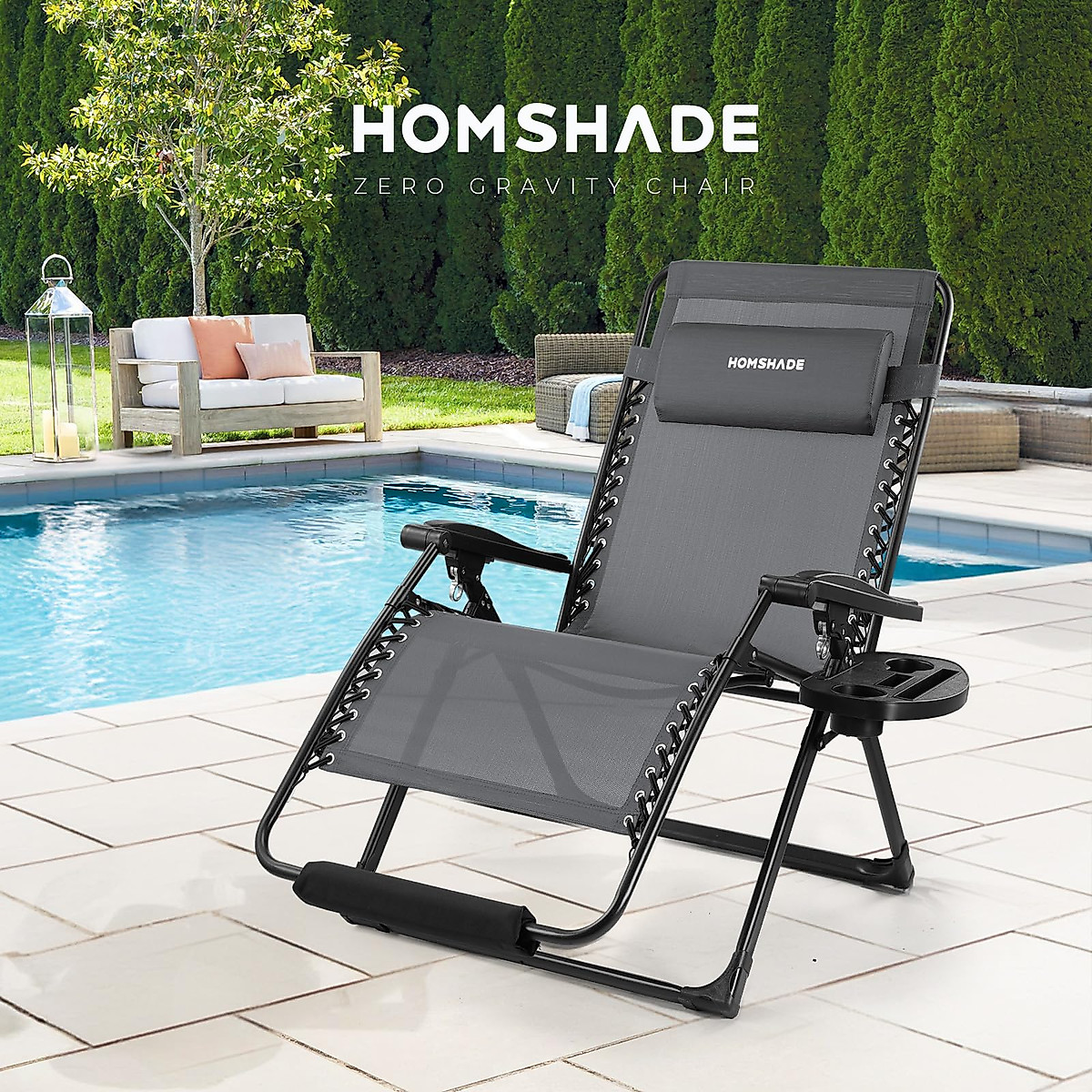 HOMSHADE Folding Zero Gravity Lounge Chair - 33In Outdoor Patio Reclining Chair with Cushion, Headrest, Cup Holder, Footrest, Weight Capacity 400LB, Grey