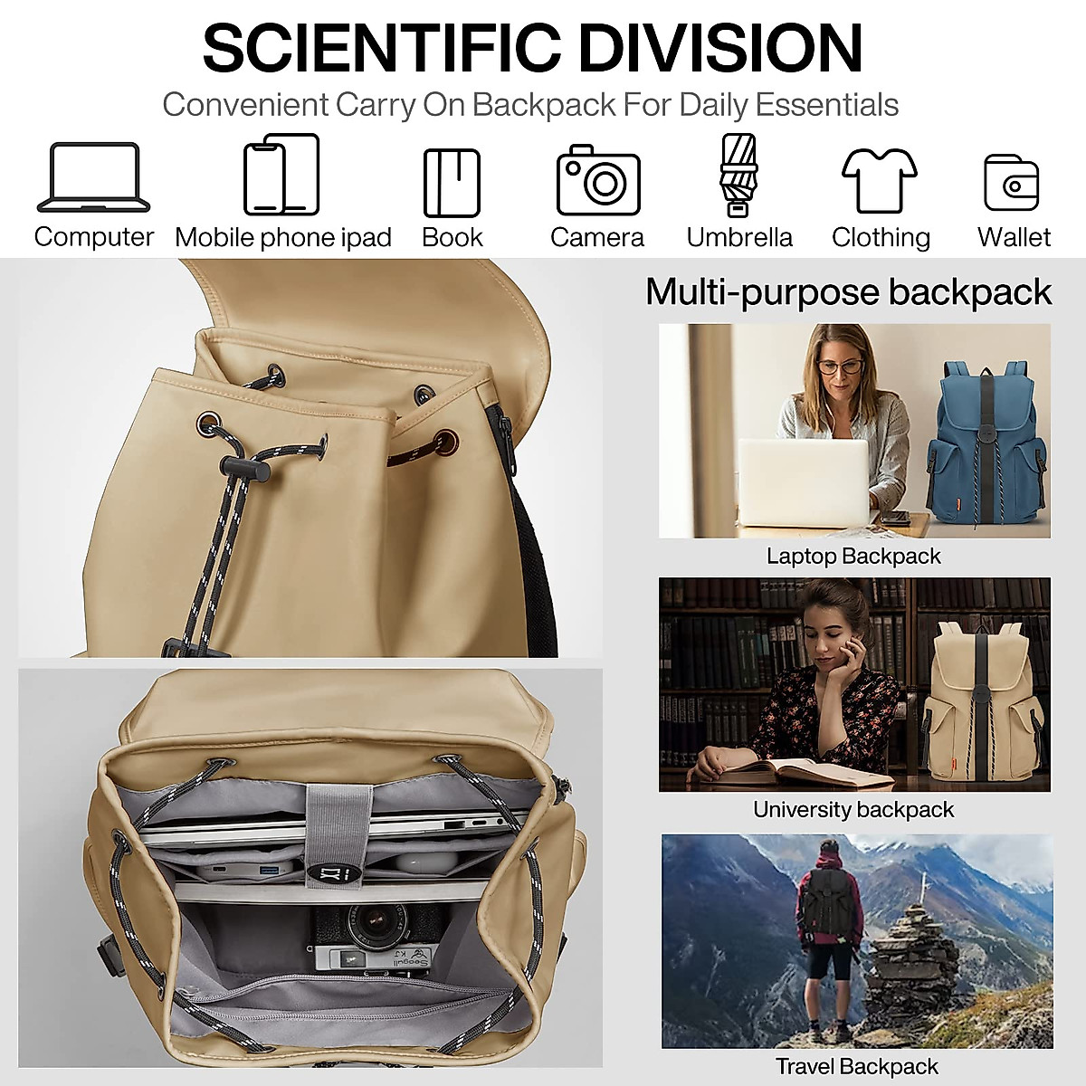 mixi Travel Laptop Backpack for Women & Men, Carry On Backpack fits 16'' Laptop Waterproof Rucksack,17 Inch, Mocha Brown