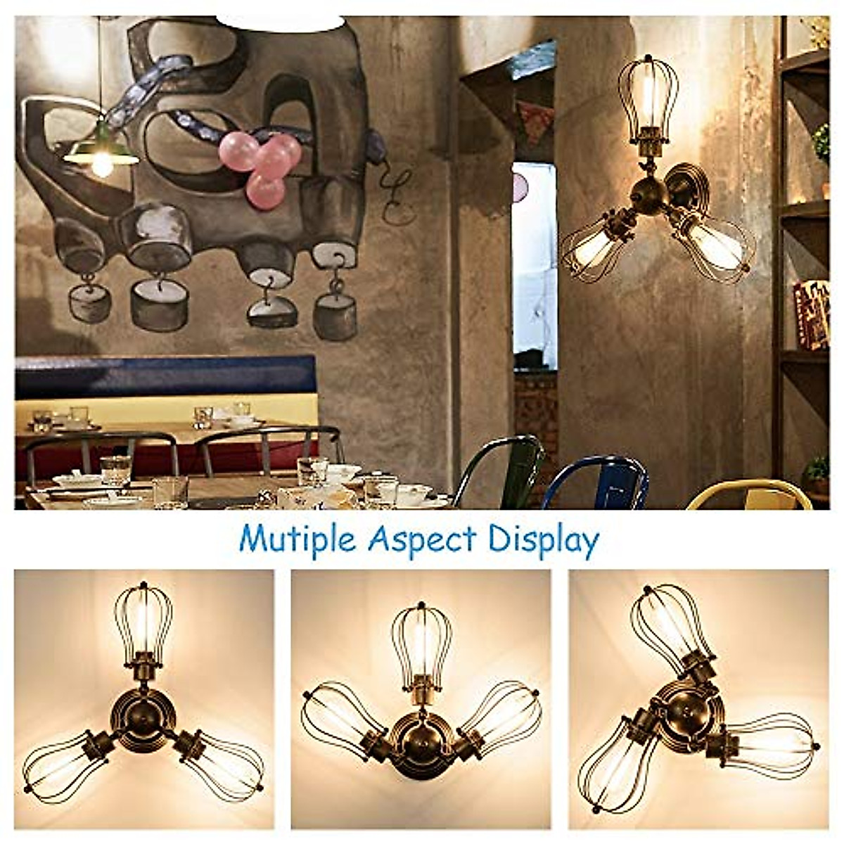 GLADFRESIT Vintage Ceiling Light 3 lights Adjustable Socket Rustic Lamp, Metal Cage Semi-Flush Mount Industrial Ceiling Light Indoor Home Retro Chandeliers Lighting Fixture