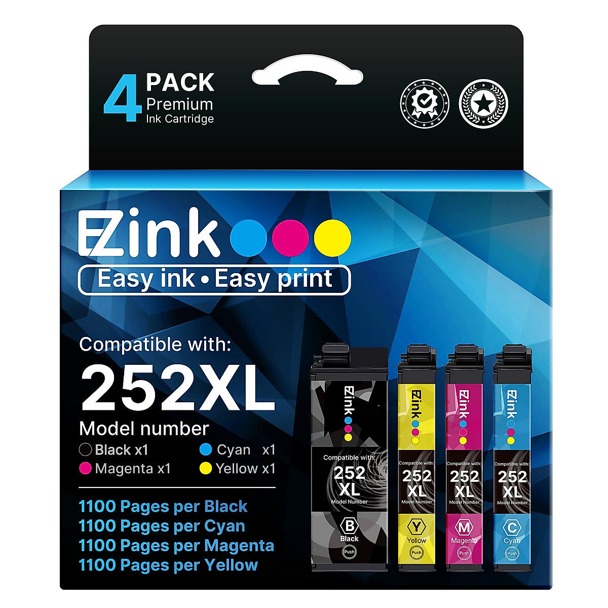 E-Z Ink (TM Remanufactured Ink Cartridge Replacement for Epson 252XL 252 XL T252XL120 to use with Workforce WF-7110 WF-7720 WF-7710 WF-3620 WF-3640 (1 Large Black, 1 Cyan, 1 Magenta, 1 Yellow) 4 Pack