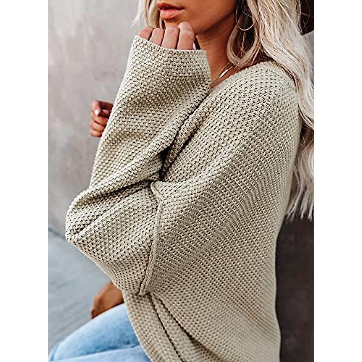 Dokotoo Womens 2023 Fall V Neck Fashion Button Cable Knit Sweater Basic Solid Soft Ladies Batwing Long Sleeve Pullover Tops Jumpers Outwear Khaki M