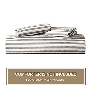 JELLYMONI 100% Natural Cotton 2pcs Striped Duvet Cover Sets,White with Grey Stripes Pattern Printed Comforter with Zipper Closure & Corner Ties(Twin Size)