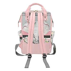 Grandkli Grey Pink Floral Elephant Personalized Diaper Bag Multi-Function Backpack Nappy Bag Travel DayPack for Unisex, One Size