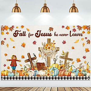 Harloon Fall for Jesus Banner Decorations Thanksgiving Pumpkin Backdrop Banner Autumn Party Background for Fall Thanksgiving Christian Religious Photo Booth Props Supplies, 71 x 43 Inch