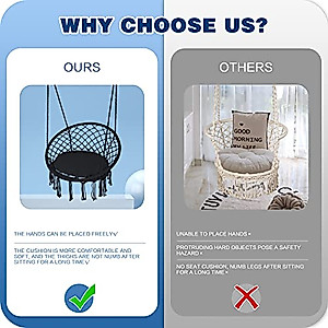 HFKJ Hammock Chair Hanging Rope Swing with Hardware and Cushion Handmade Knitted Mesh Hanging Chair with Macrame for Bedroom Patio Yard Garden, Max 330 Lbs…