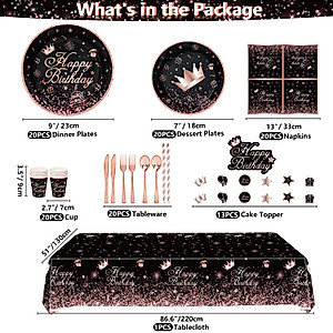 225 PCS Black and Rose Gold Party Decoration Black Rose Gold Dinnerware Set Rose Gold & Black Party Supplies Rose Gold and Black Birthday Party Supplies-Plates, Banners, Balloons, Tablecloth Serves 20