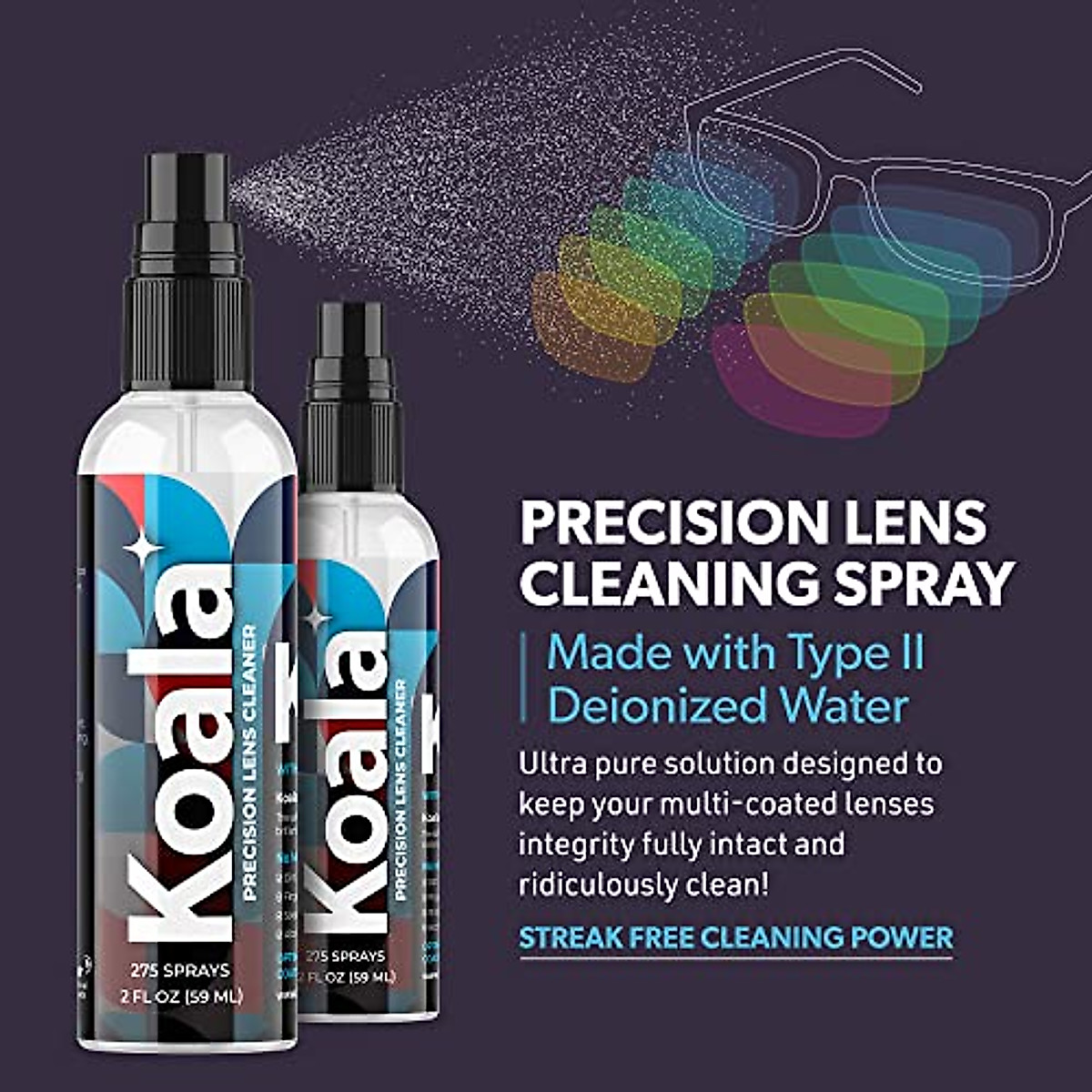 Koala Eyeglass Lens Cleaner Spray Kit | USA Made | 2 Ounces Glasses Cleaner + 1 Koala Microfiber Cleaning Cloth | Lens, Screen, & Camera Cleaning Kit | Streak & Alcohol Free | Safe for All Lenses