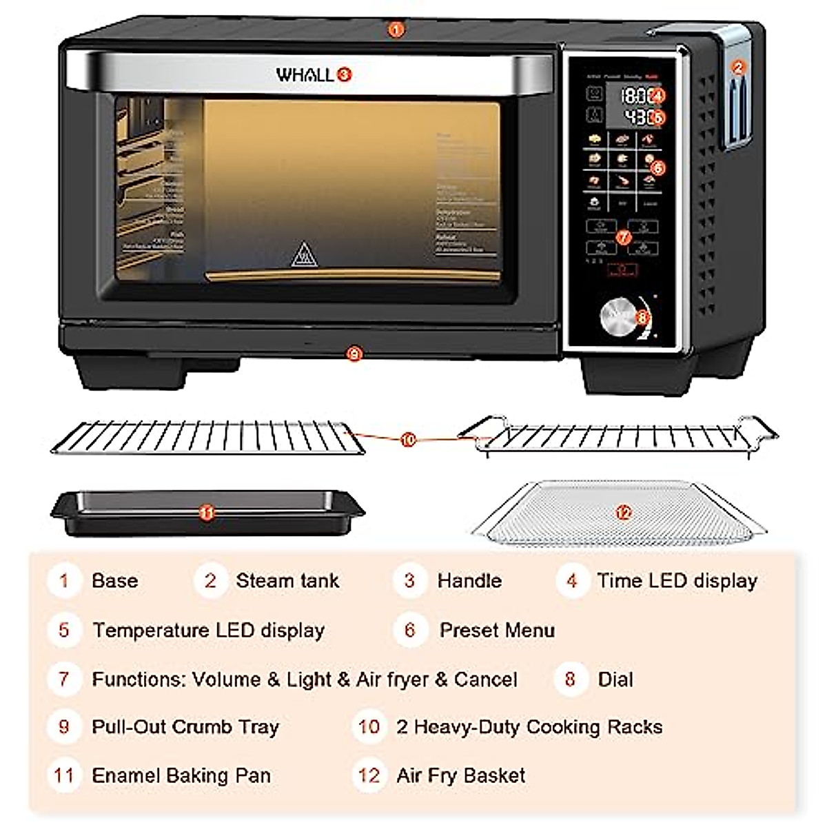 WHALL Toaster Oven Air Fryer, Max XL Large 30-Quart Smart Oven,11-in-1 Toaster Oven Countertop with Steam Function,12-inch Pizza,6 slices of Toast, 4 Accessories Included, Stainless Steel /1700W/BLACK