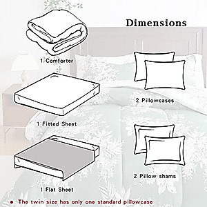 FlySheep Floral Bed in a Bag Queen Size 7 Pieces, White and Emerald Green Botanical Reversible Comforter Bedding Set(1 Comforter, 1 Flat Sheet, 1 Fitted Sheet, 2 Pillow Shams, 2 Pillowcases)