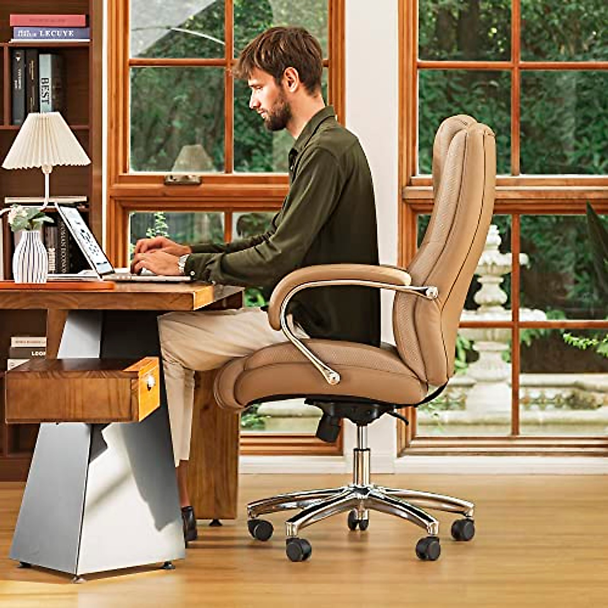 Elm Plus Big and Tall Executive Office High-Back Computer Desk Swivel Adjustable Air PU Leather Ergonomic Chair with Lumbar Support, 400-Pound Capacity, Camel