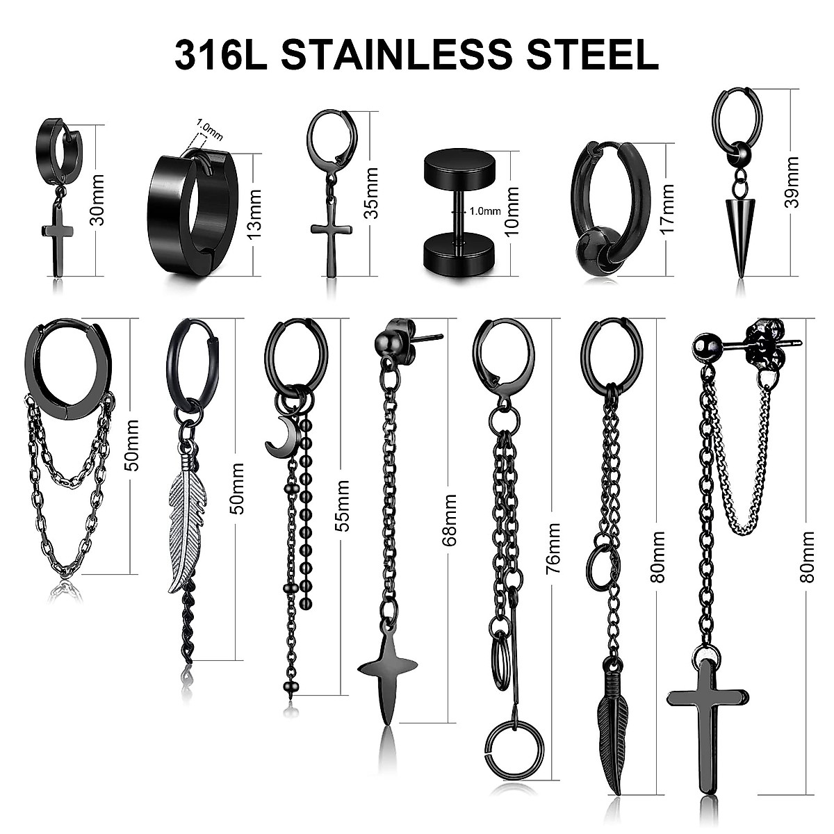 FIFATA 20 Pieces Men Earrings Set - Black Stainless Steel Chain Hoop Earrings Cross Moon and Star Dangle Earrings Piercing Jewelry for Men Women