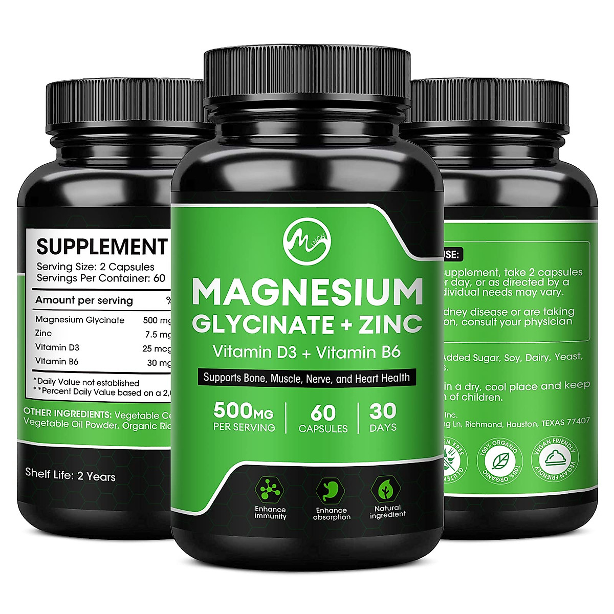 Magnesium Glycinate Capsules, Magnesium Glycinate Supplement with Magnesium Glycinate 500 mg, Zinc, Vitamin D3 & B6 - Promotes Nerve, Bowel, Relaxation Function - 60 Vegan Capsules
