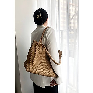 Lmkids Woven Bag for Women, Vegan Leather Tote Bag Large Summer Beach Travel Handbag and Purse Retro Handmade Shoulder Bag (Khaki)