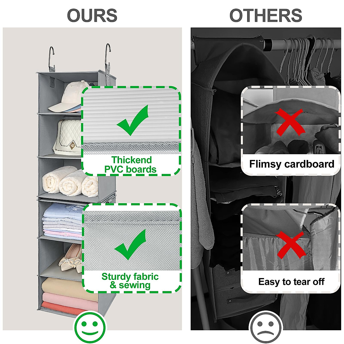 TOPIA HOME 6-Shelf Hanging Closet Organizer, Two Separable 3-Tier Heavy Duty Closet Organizer, Hanging Closet Shelves with Pockets for Clothes, Sweater, Shoe, Purse, Nursery, 12" Dx12 Wx48 H, Gray