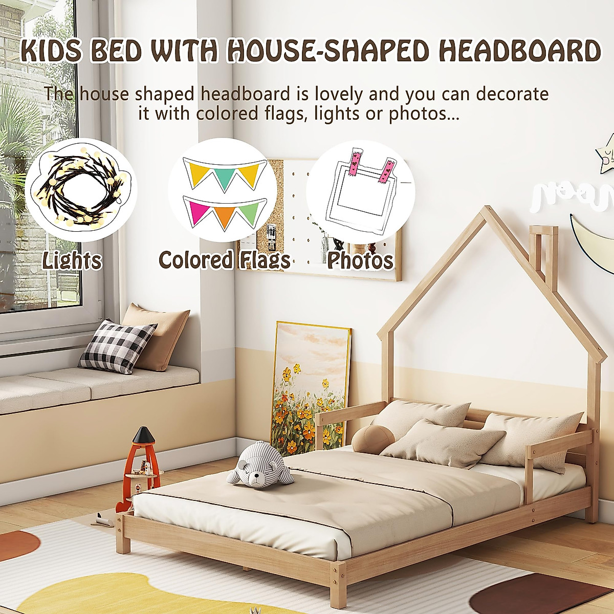 Full Size Bed Frame for Kids,House-Shaped Headboard Kids Bed,Girls Bed with Handrails,Low Platform Bed for Boys Girls,No Box Spring Needed(Natural)