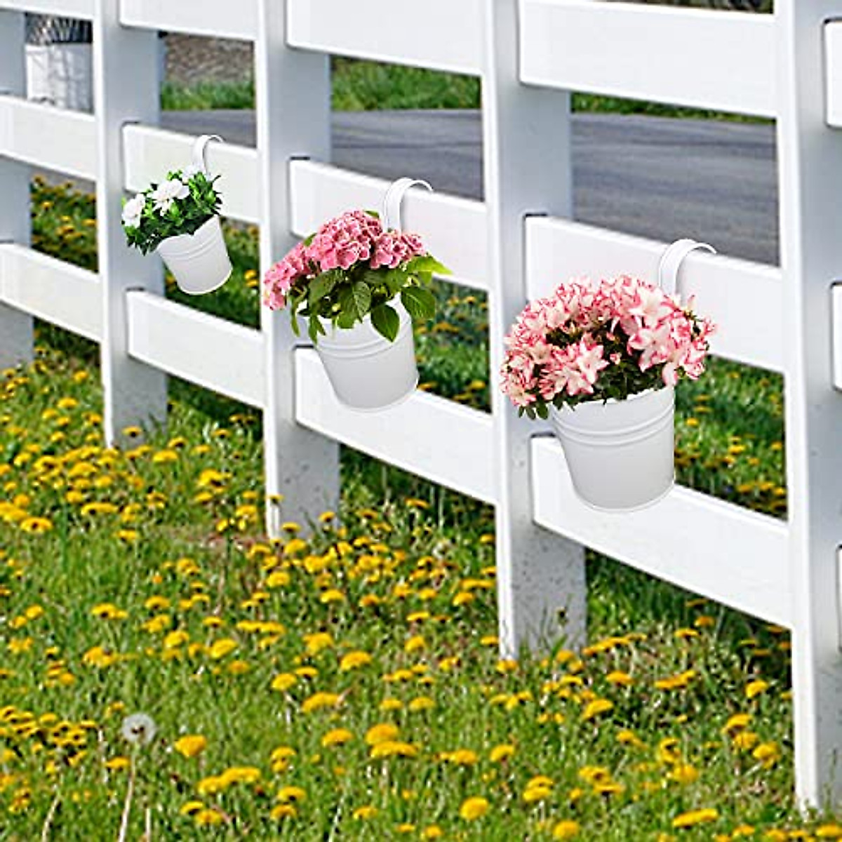 4 Inch Metal Iron Hanging Flower Plant Pots,10 Pack Colorful Balcony Garden Planters with Hanging Fence Plant Planter with Detachable Hook (White)