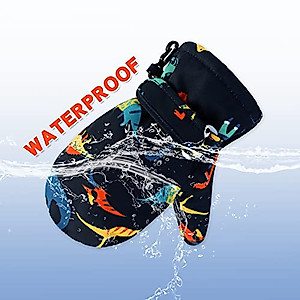 BAVST Toddler Waterproof Mittens Fleece Lined Baby Boys Girls Winter Warm Glove Kids Snow Infant Ski Mitten for 3M-5T (Navy orange dinosaur, 1-2T)