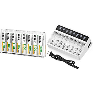 EBL 8 Counts AAA Batteries 1100mAh 1.2V High Performance Ni-MH AA Rechargeable Battery & 8 Bay Individual Battery Charger with Discharge Function