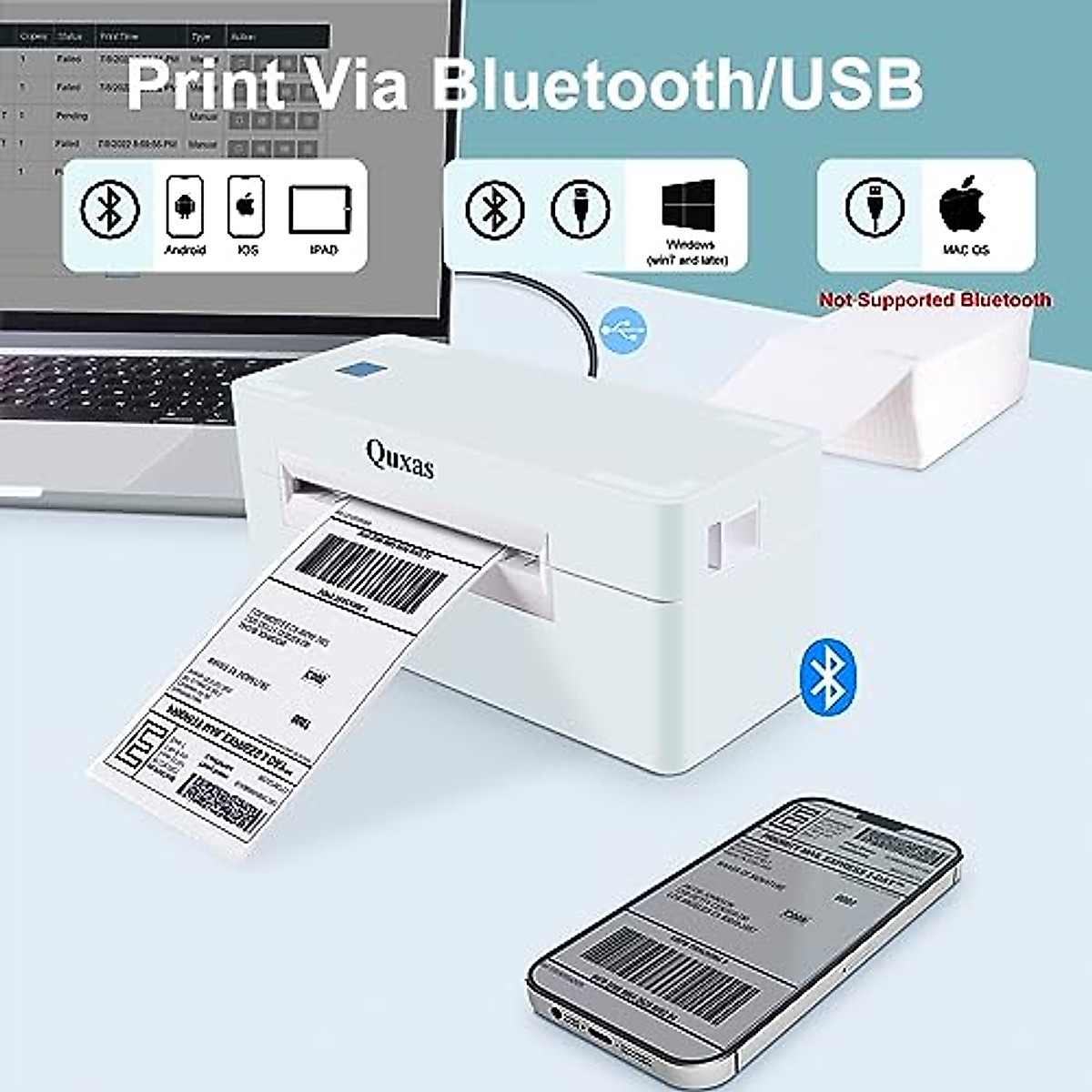 Quxas Bluetooth Thermal Shipping Label Printer 4X6 Lable Inkless Printer Portable Printer Compatible with Android, iPhone and Windows, Used for Ebay, Amazon, Shopify, Etsy, USPS(JK-402A