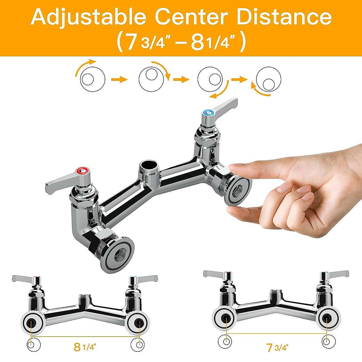 FAUAID Commercial Sink Faucet with Sprayer 25" Height 8" Adjustable Center 10" Swing Spout,Brass Constructed Wall Mount Commercial Faucet with Pull Down Pre-Rinse Sprayer for 1/2 Compartment Sink（25"）
