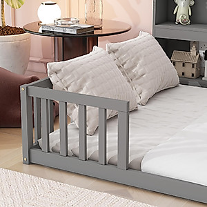 Harper & Bright Designs Full Size Floor Bed with Bedside Bookcase, Shelves, Guardrails, Wood Montessori Bed with Storage, Grey