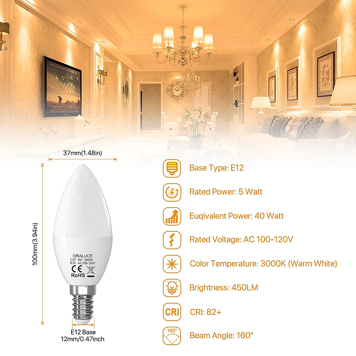 ORALUCE E12 LED Candelabra Light Bulbs - 40 Watt Equivalent, 3000K Warm White Chandelier Non-dimmable, Type B Light Bulb for Ceiling Fan, 5W 450LM 6 Pack